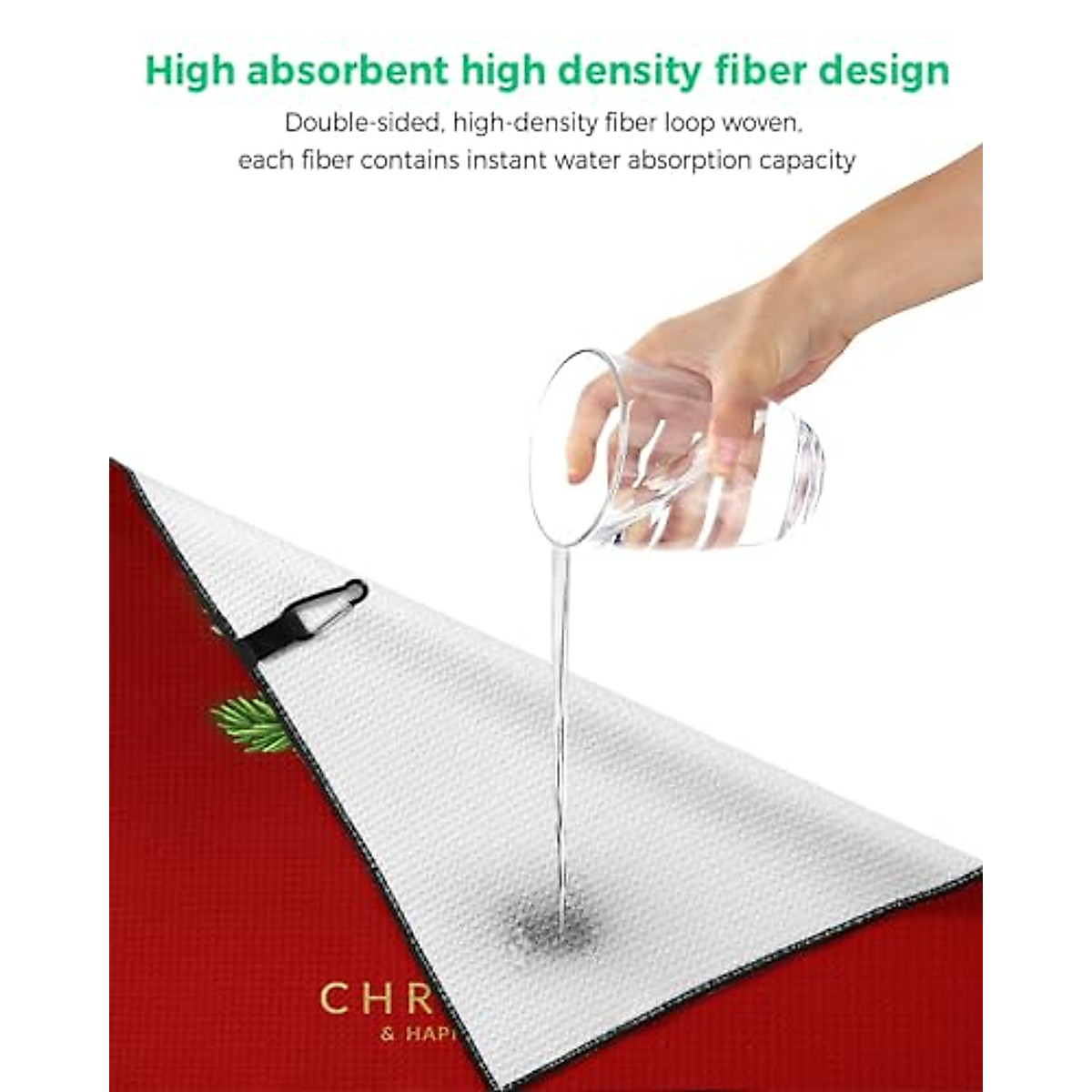 Golf Towel Christmas Pine Needle Light Ball Red,Waffle Pattern Microfiber Club Cleaner Golf Towels with Carabiner Clip for Women Men Dad,Xmas Green Plant Golf Towel for Golf Bags Accessories,24x16in