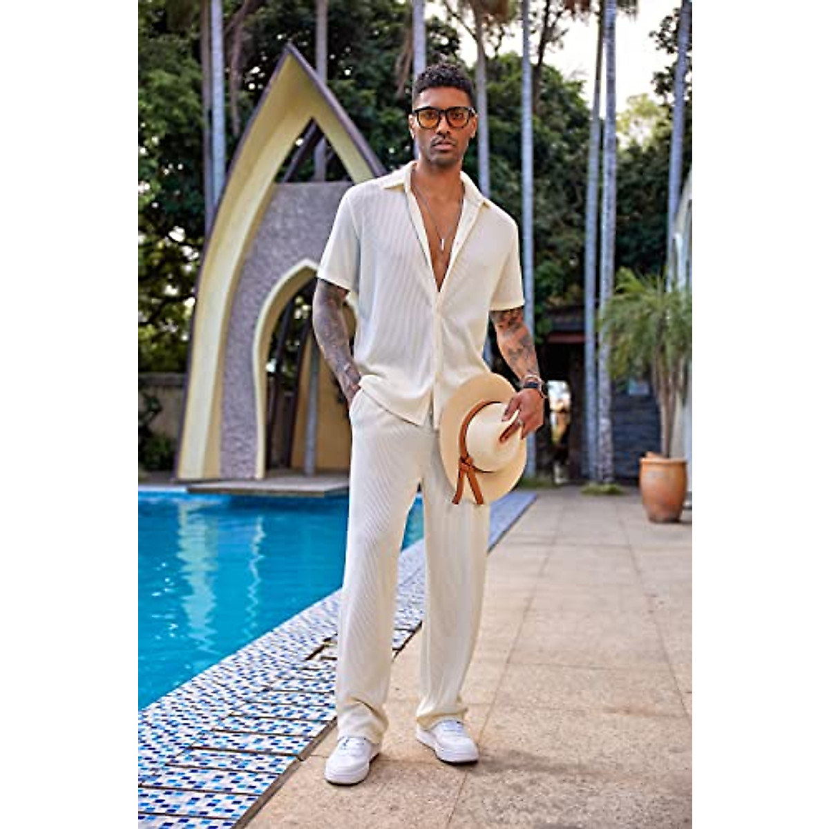 COOFANDY Men's 2 Piece Outfit Casual Short Sleeve Button Down Shirt Beach Summer Loose Pant Sets