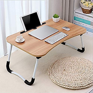 Laptop Bed Tray Folding Desk Portable Lazy Lap Table with Storage Drawer and Water Bottle Holder Serving Tray Dining Table with Slot for Eating Working on Bed Computer Desk (Color : Khaki)