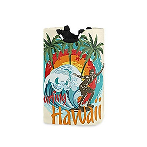 Man Surfing Hawaii Beach Ocean Tropical Palm Trees Waterproof Laundry Hamper Holder, Large Collapsible Dirty Clothes Laundry Bag Basket, Fabric Foldable Durable Storage Bin Organizer With Handles