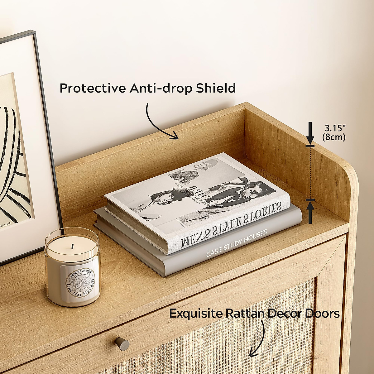 EYYTHUNG Shoe Cabinet with 2 Flip Drawers, Rattan Farmhouse Shoe Organizer, Boho Wooden Hidden Slim Narrow Shoe Rack Cabinet for Entryway, Hallway, Natural Oak