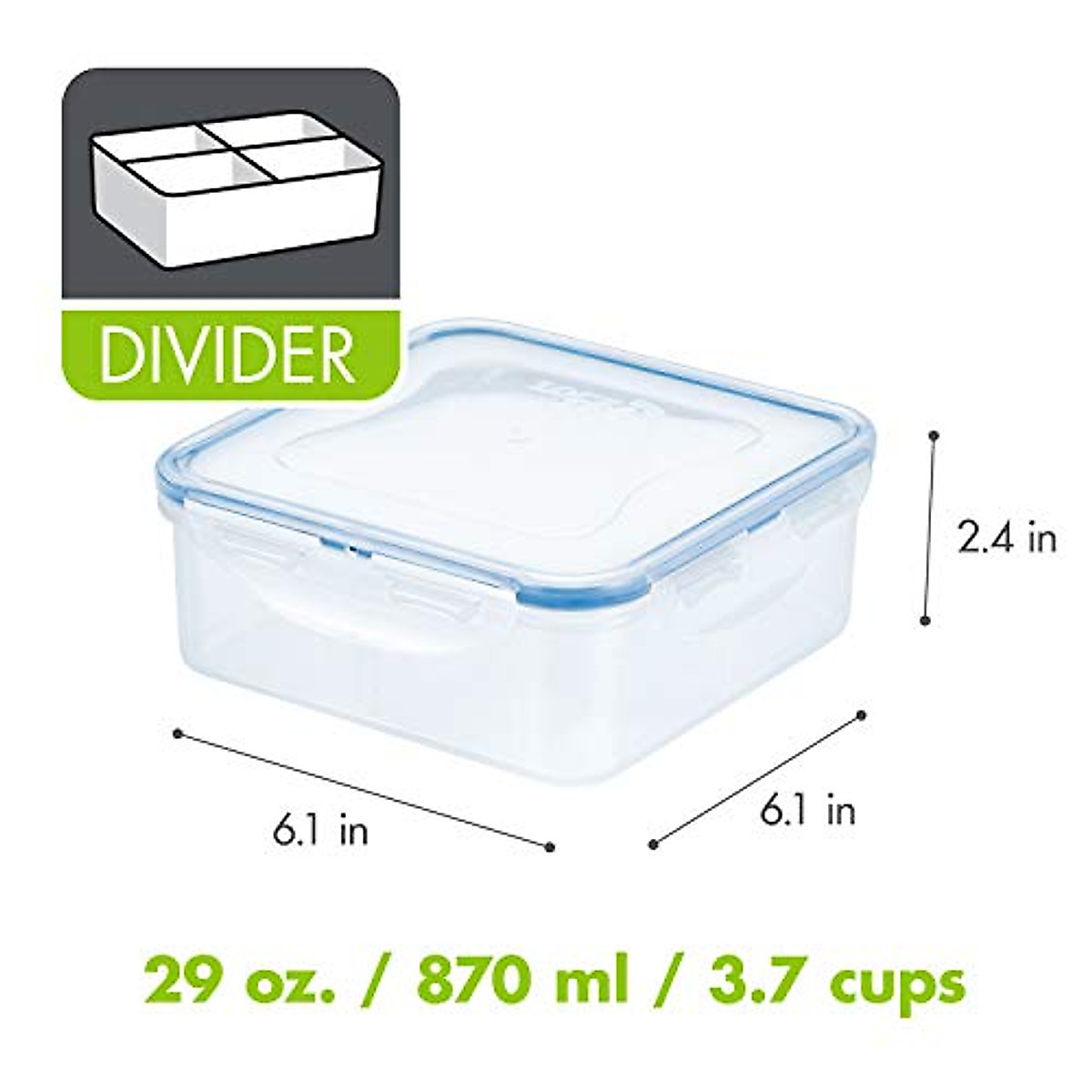 LocknLock Easy Essentials On The Go Meal Prep Lunch Box, Airtight Containers with Lid, BPA Free, Square (4 Section) -29 oz, Clear (Pack of 2)