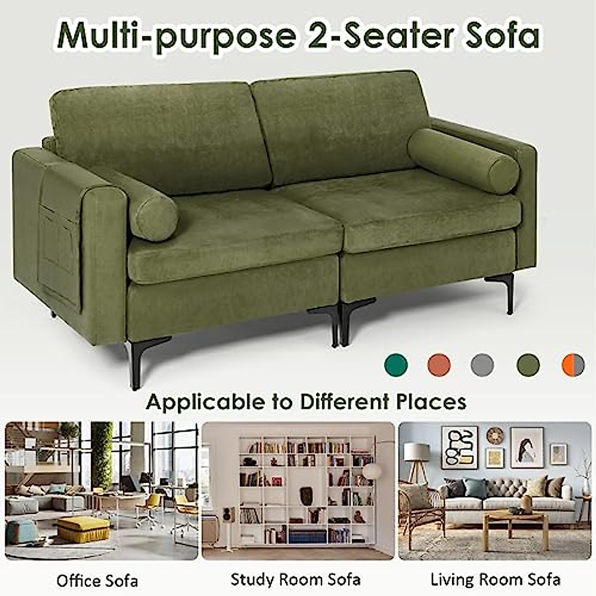TUOCHUFUN Modern Loveseat Sofa Couch,Mid Century Couches for Living Room, Upholstered 2-Seat Love Seats with Pillow (Army Green)