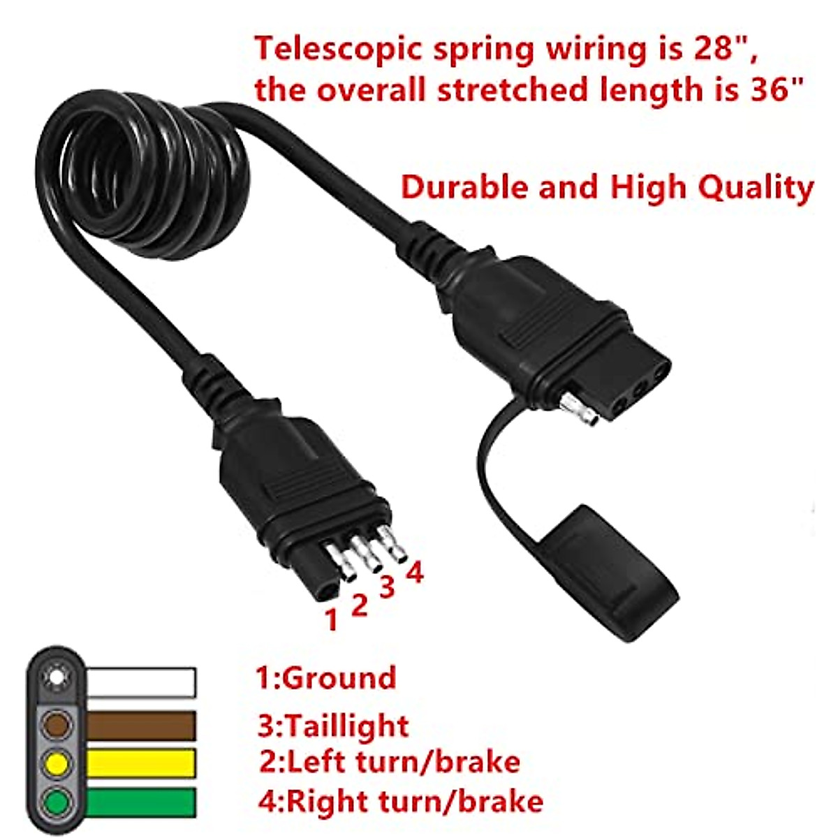 4 Pin Trailer Plug Play Extender Wiring Extension Harness 4 Way Male and Female Wiring Harness Adapter Coiled Extension Wiring Cable 28"