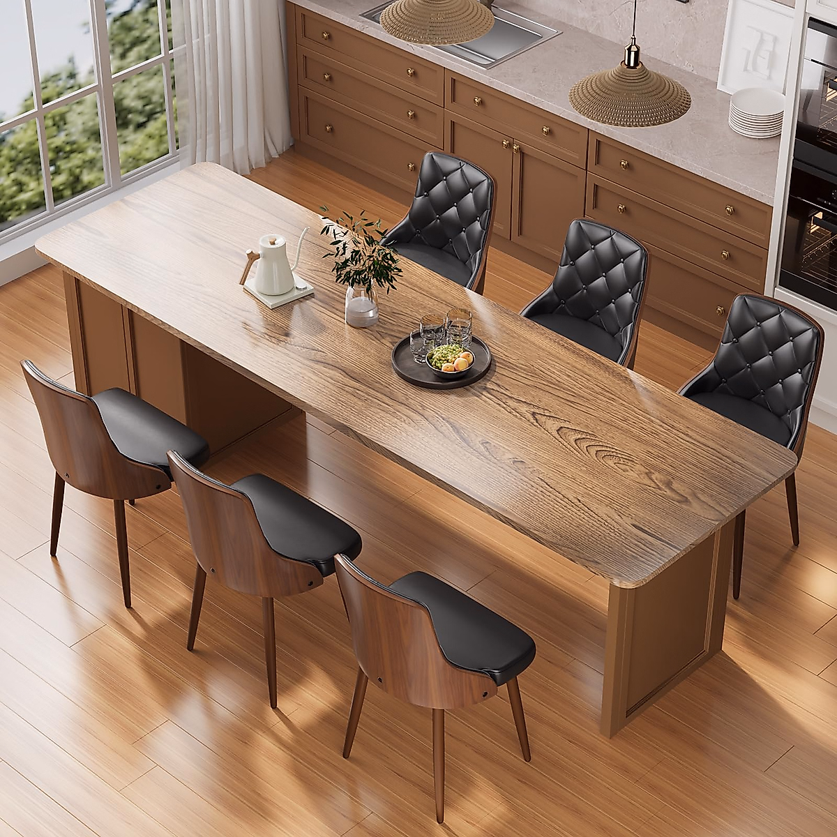 Aowos Dining Chairs Set of 4, Mid Century Modern PU Leather Upholstered Kitchen Chairs with Walnut Back and Iron Legs, Comfortable Seating for Kitchen, Dining Room, Bar Counter, Living Room (Black)