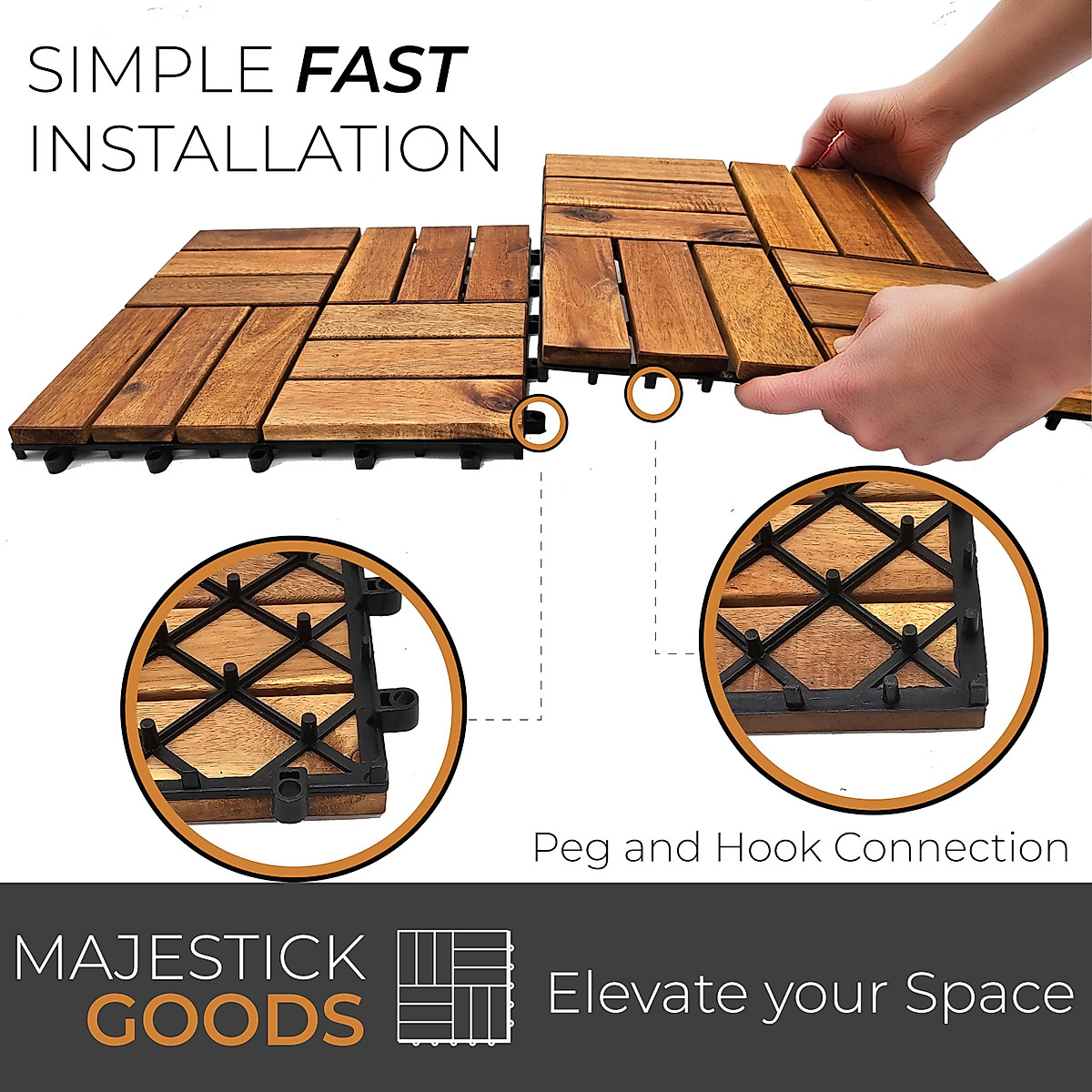 1 Sq Ft Single Interlocking Deck Tiles 12"x12" Sample Tile - Non-Slip All Weather Acacia Wood Outdoor Tiles for Patio - Decking, Porch and Balcony Flooring Tiles - Easy Install Wooden Deck Tile Pavers