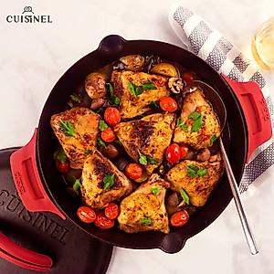 Cast Iron Skillet Set - 10" + 12"-Inch Dual Handle Frying Pans + Silicone Handle Holder Covers + Pan Scraper - Pre-Seasoned Oven, Grill, Stovetop, Induction Safe Kitchen Cookware - Indoor/Outdoor Use