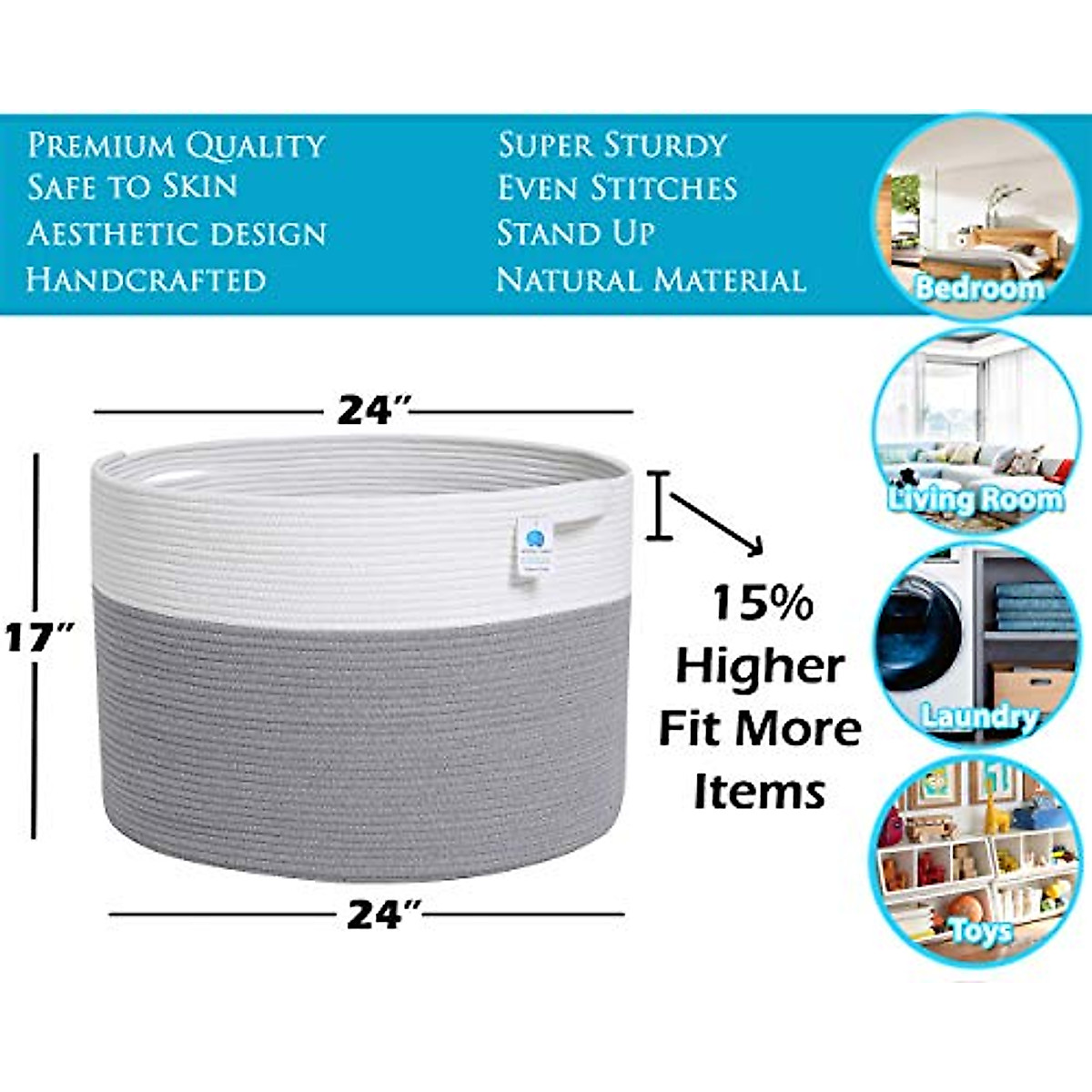 24" x 24" x 17" Max Size Large Cotton Rope Basket, Extra Large Storage Basket, Woven Laundry Hamper, Toy Storage Bin, for Blankets Clothes Toys Towels Pillows in Living Room, Baby Nursery, Grey