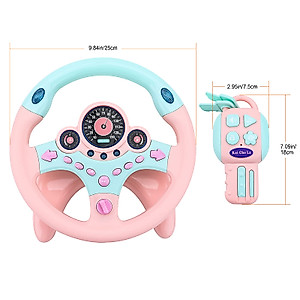 deAO Kids Steering Wheel for Backseat with Key Baby Toys Pretend Driving Simulated Steering Wheel Toy with Light and Music Gifts for Kids Toddlers (Pink)