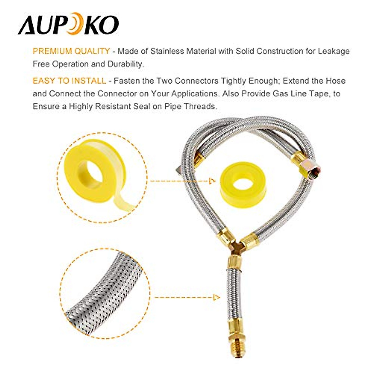 Aupoko Propane Y Splitter Connection Braided Pipe, 3/8" Flare Gas Propane Grill Y Splitter Stainless Steel Braided Hose Assembly, Length 5/16", Fits for LPG & NG Propane Fire Pit Hose & Fireplace