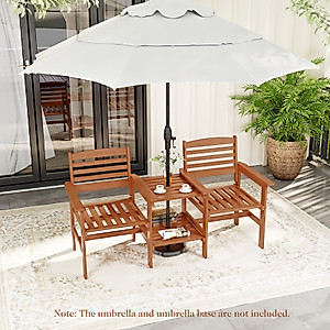 Tangkula Outdoor Patio Loveseat with Table, Wood 2-Seat Conversation Set with Coffee Table and Umbrella Hole, Outdoor Furniture Set for Garden Poolside Backyard Balcony Porch Deck (Natural)