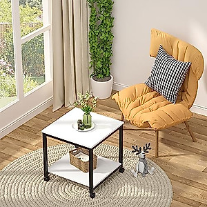 Homieasy Mobile 20 Inch Square End Table, 2-Tier Mini Fridge Printer Stand with Lockable Wheels, Metal Wood Accent Modern Simple Industrial Style Side Table for Living Room Bedroom, White