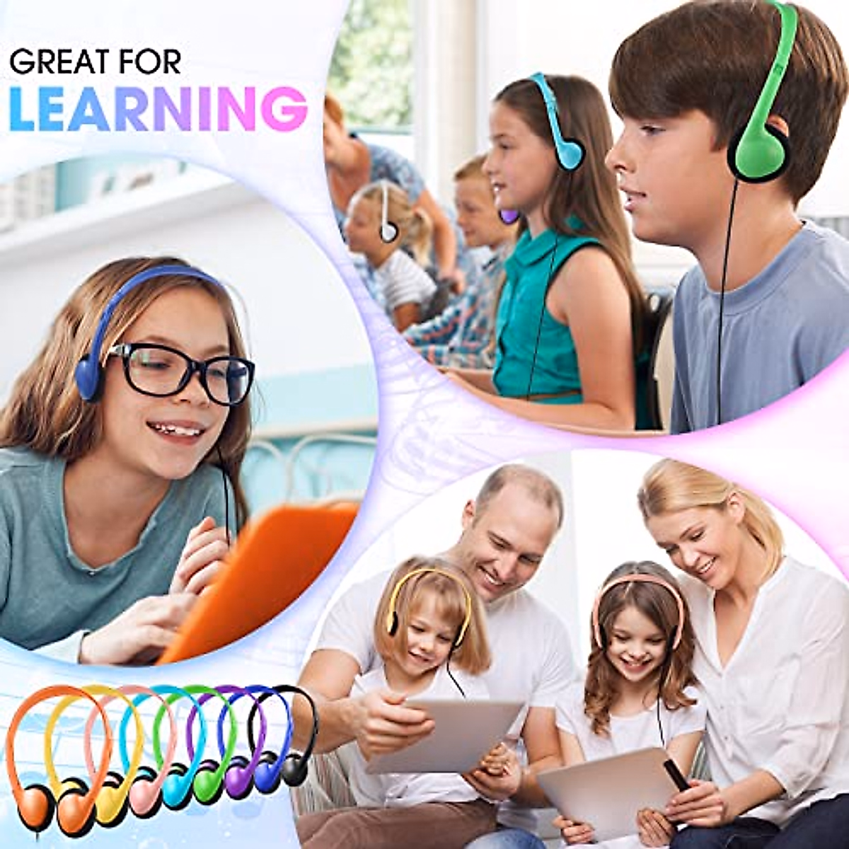 48 Pack Classroom Headphones Bulk Colorful Student Headphones Adjustable Headphone with 3.5 mm Plug Comfortable Library Headphone for Kid Adult School Classroom Museum Testing Airplane, 8 Colors