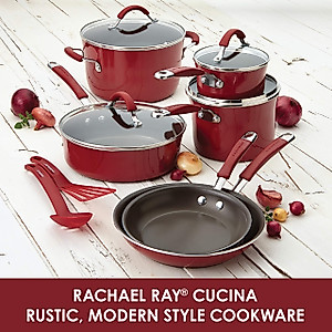 Rachael Ray 52410 Cucina Nonstick Bakeware Set with Baking Pans, Baking Sheets, Cookie Sheets, Cake Pan and Bread Pan - 10 Piece & Cucina Nonstick Cookware Pots and Pans Set, 12 Piece, Cranberry Red