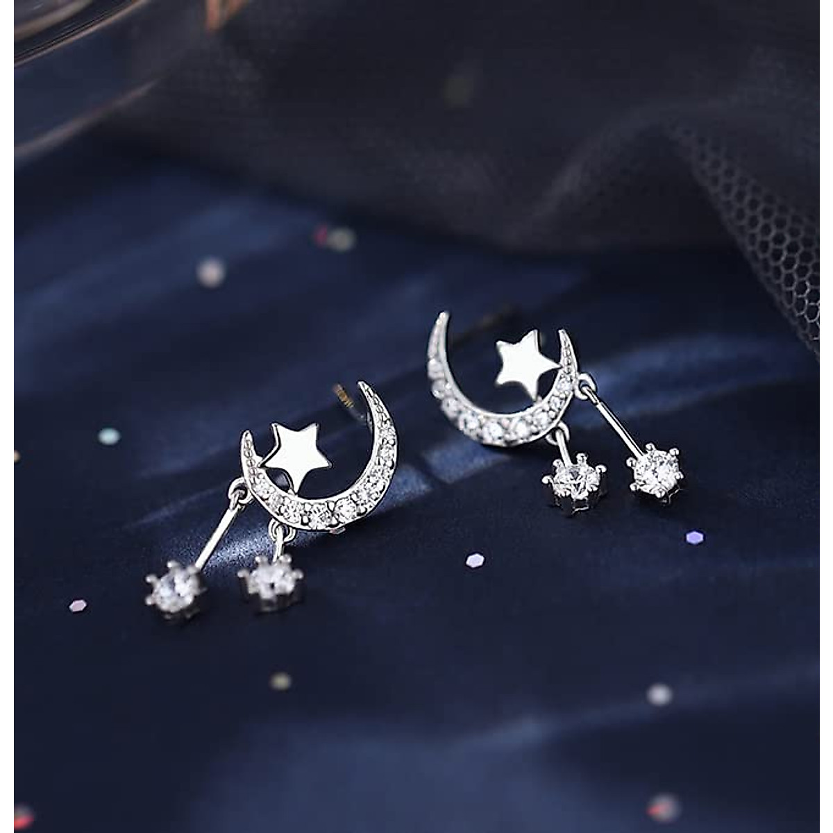 Reffeer 925 Sterling Silver Crescent Moon Star Earrings Studs for Women Teens Girls CZ Moon Studs Earrings Star Tassel Earrings (A-Silver)