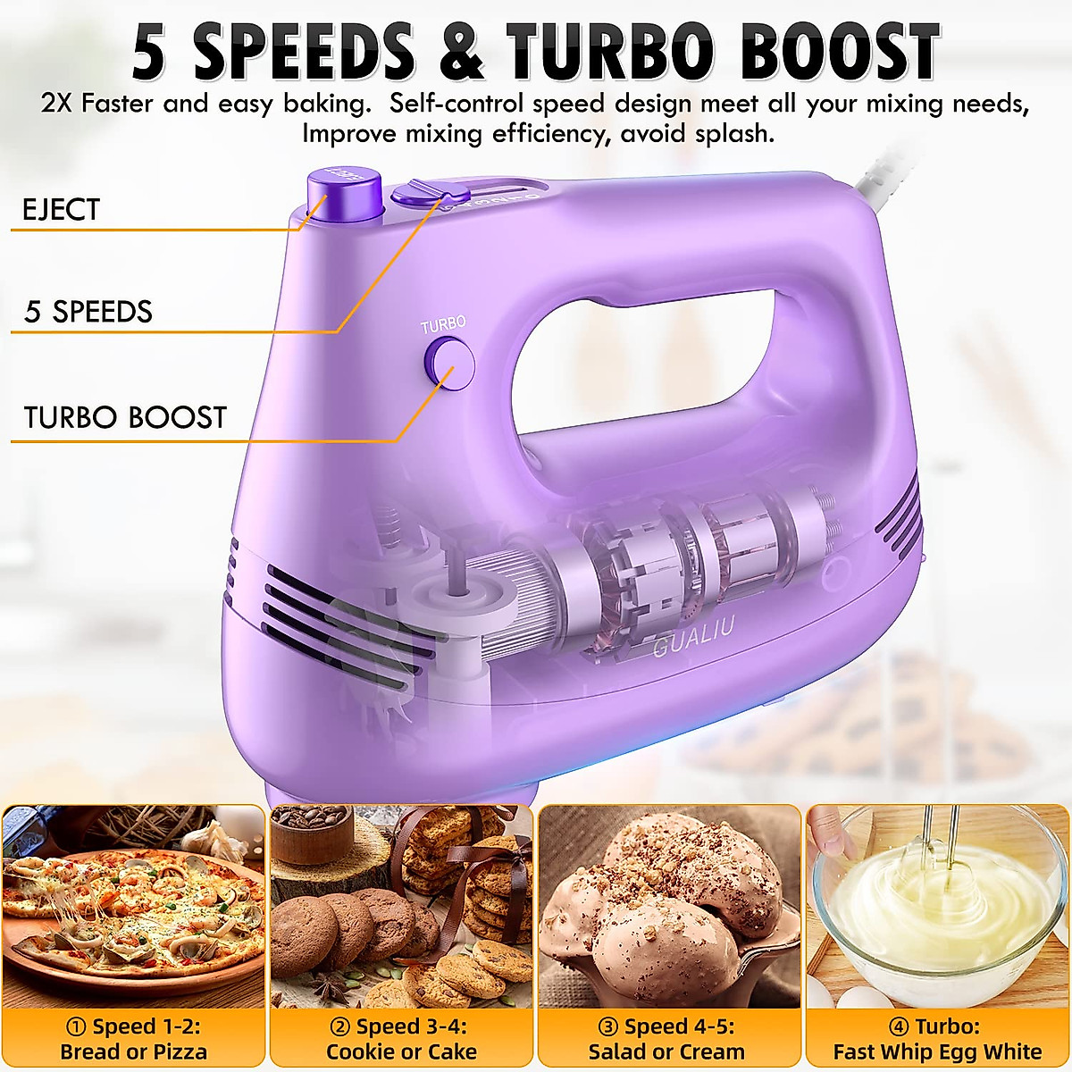Electric Hand Mixer with Stainless Steel Whisk, Dough Hook Attachment and Storage Bag, Handheld Mixer for Baking Cakes, Eggs, Cream Food Mixers. Turbo Boost /5 Speed Kitchen Blender PURPLE
