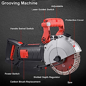 Wall Grooving Machine, Channels Cutter, Concrete Cutting Machine for Cutting Slotting Marble Concrete Grooves 110V(Red)