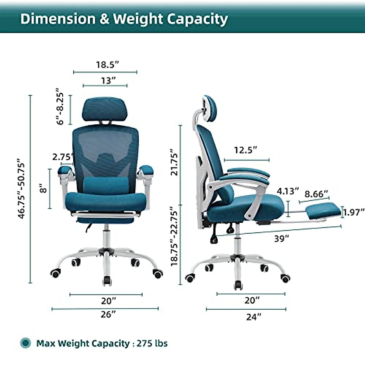 Sweetcrispy High Back Lumbar Pillow and Retractable Footrest, Height Ergonomic Padded Armrests and Adjustable Headrest Swivel Rolling Home Office, Reclining Mesh Chair, Blue