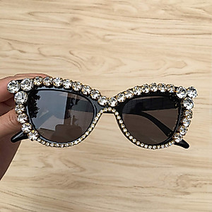 FUPRECIOUS Vintage Retro Cat Eye Sunglasses Rhinestone Crystal Sparkle For Women (black)