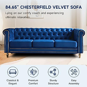 NIOIIKIT 84.65” Chesterfield Velvet Sofa, Button Tufted Upholstered Couch with Scroll Arms, 3 Seater Long Couch for Living Room, Bedroom, Office, Apartment (Chesterfield, Blue)