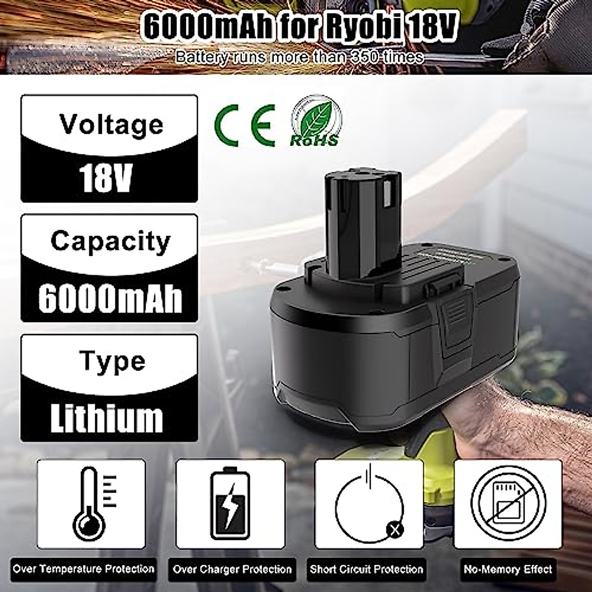 REACELL 2Pack 6.0Ah 18 Volt Replacement Batteries for Ryobi Lithium 18V Battery P197 P189 P108 P191 P190 P102 P103 PBP005 P104 P105 P107 P122 Compatible for Ryobi 18V Cordless Tools