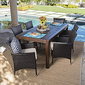Christopher Knight Home Christine Outdoor Dining set with Wood Table and Wicker Dining Chairs with Water Resistant Cushions, 7-Pcs Set, Dark Brown / Multibrown / Beige