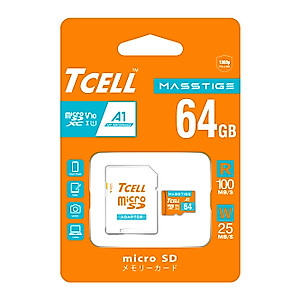 TCELL MASSTIGE 64GB microSDXC Memory Card with Adapter - A1, UHS-I U1, V10, Micro SD Card, Read up to 100 MB/s, Full HD