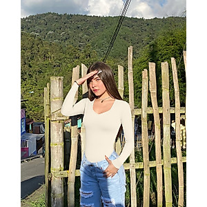 OQQ Women's 2 Piece Bodysuits Sexy Ribbed One Piece Long Sleeve Sweetheart V Neck Tops Bodysuits Black Beige