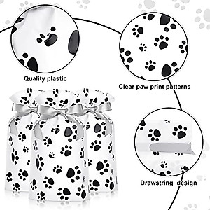 YIDAKO 50 Pieces Paw Print Goodie Bags, Plastic Dog Gift Bags With Drawstring, Treat Candy Bags For Dog Cat Theme Party Favors and Boys Girls Birthday Party Supplies Decorations, 9× 6 Inch