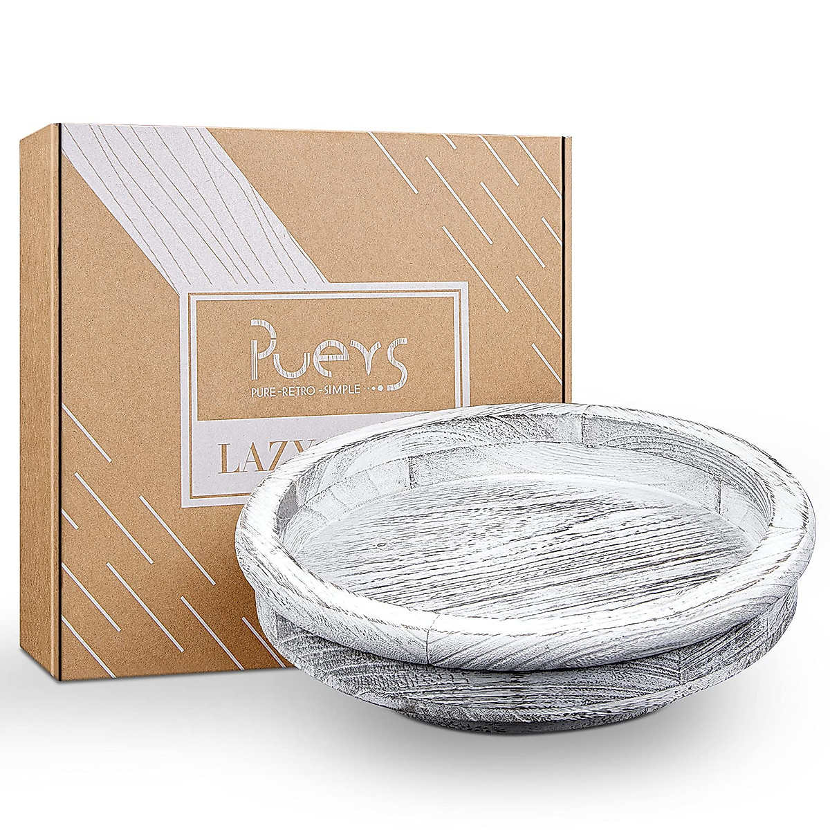 PUERSI Farmhouse Wood Lazy Susan for Table, Christmas Centerpiece for Dining Room Table, Rustic Decorative Wooden Round Turntable - 13 Inch, White