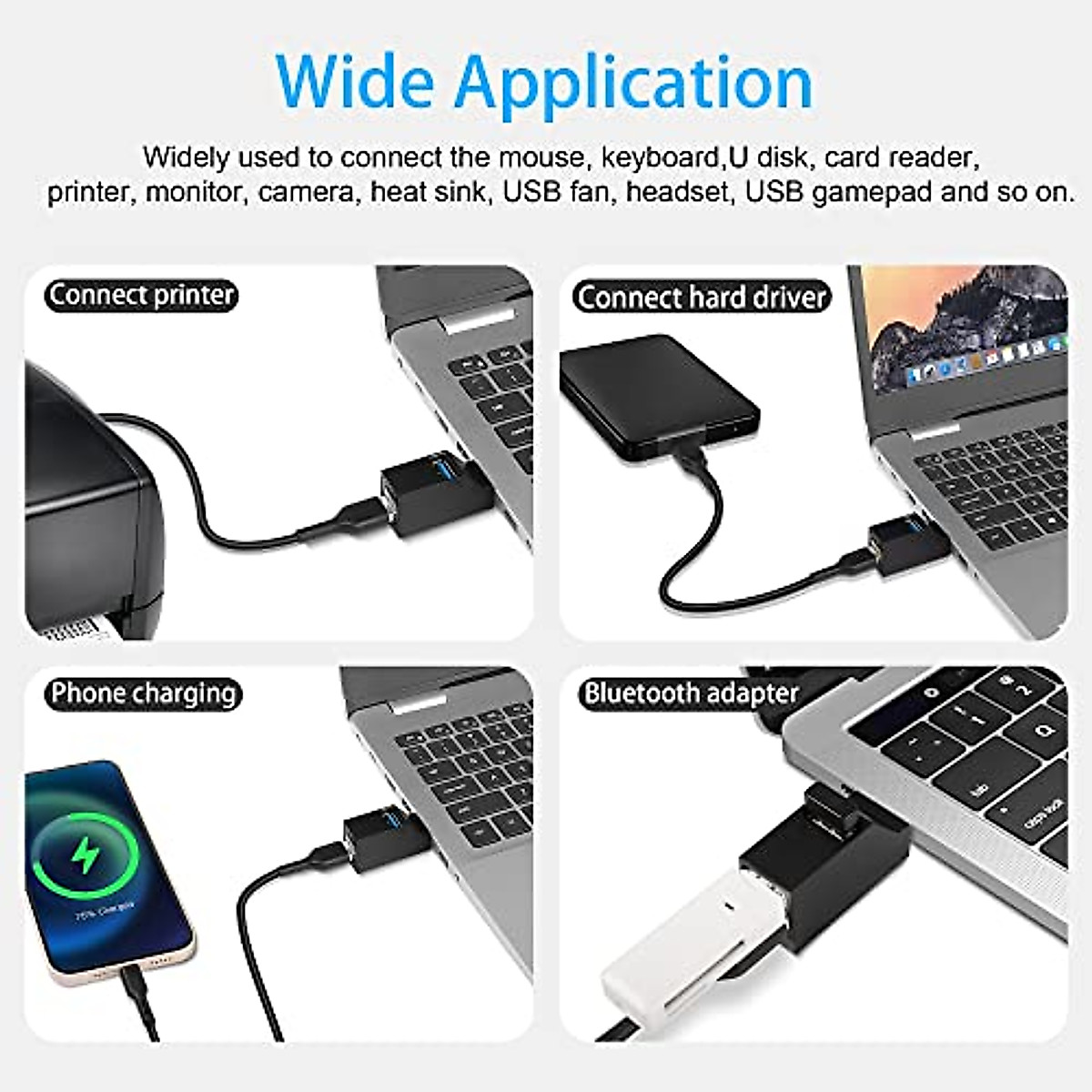 QIANRENON USB Hub 90 Degree Splitter 3 Port USB 3.0 Adapter Portable Powered Data USB Hub Transfer for PC Laptop USB Flash Drives，Black