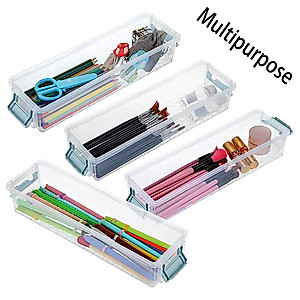 BTSKY Long Plastic Stackable Box Home, Office Supplies Storage Organizer Box Pencil Box Plastic Organizer Holder for Gel Pens Erasers Tape Pens Pencils Markers etc- 3 Pack - Clear with Blue Clip