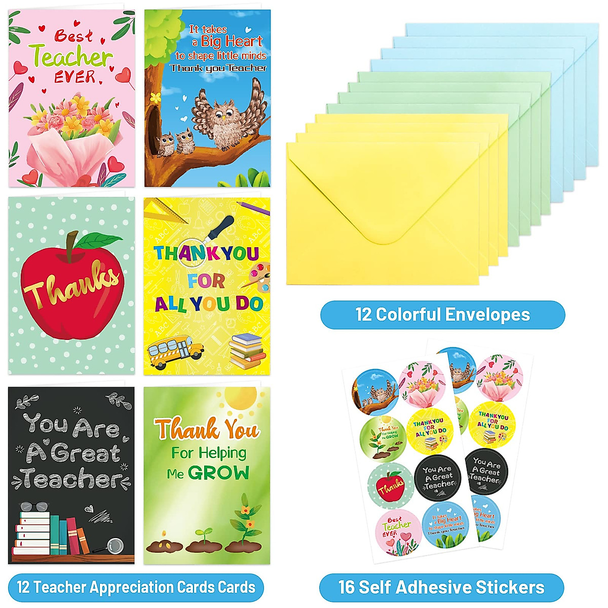 Fancy Land Teacher Thank You Card Appreciation Cards for Preschool Kindergarten Graduation 12Pcs