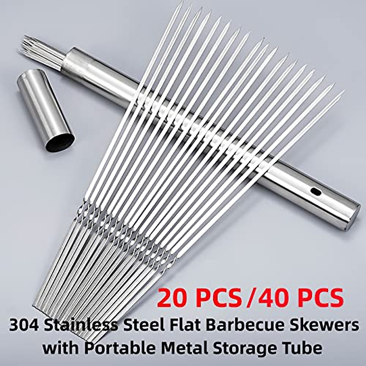 WILLBBQ 304 Stainless Steel Flat Barbecue Skewers,20PCS/40PCS BBQ Kebab Skewers with Portable Metal Storage Tube,Reusable for Grilling Barbecue Kitchen Party and Outdoor Cooking (20)