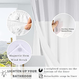 Ecoehoe Hotel Grade Waffle Weave Fabric Hook Free Shower Curtain with Magnets Snap-in Liner - Heavy Duty Bath Curtain with See Through Top Machine Washable 71" W * 79“ L White