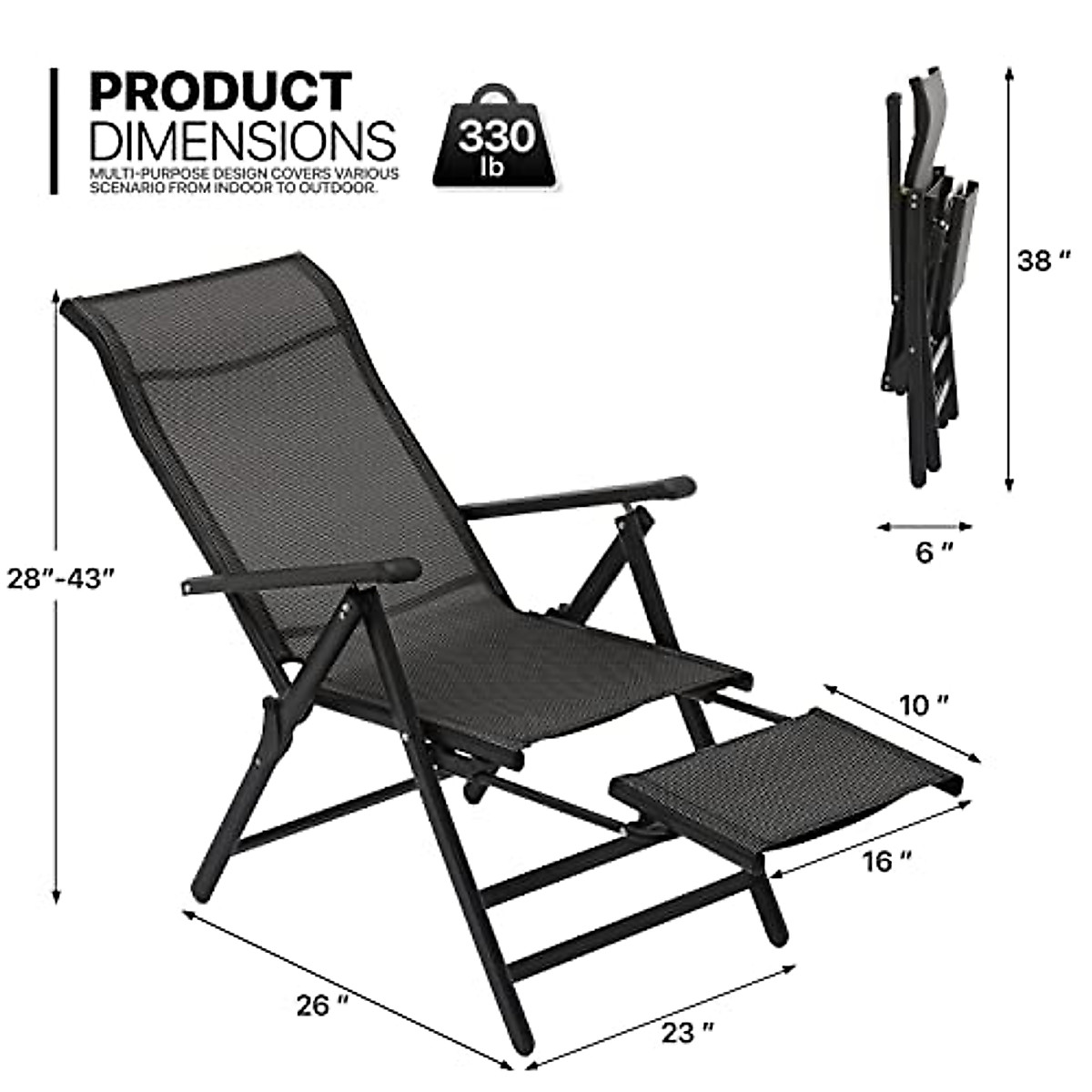 MoNiBloom 3 in 1 Outdoor Lounge Chairs Set of 2 Folding Recliner Patio Lounge Chair with Retractable Footrest, Furniture Outdoor Large Angle Adjustment Chair for Deck Patio Beach Yard, 330lbs