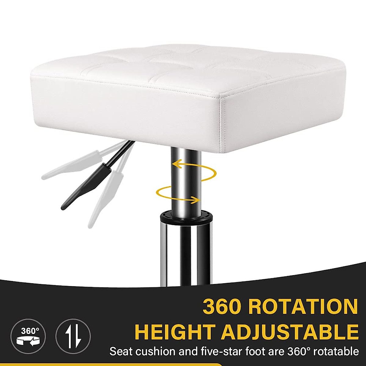 WKWKER Modern Heavy Duty Rolling Stoool Square Thick Leather Seat 360 Swivel Stool with Wheels Height Adjustable Stool Chair for Home Kitchen Drafting Lab Office Salon Massage（White）