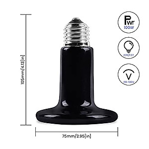Lustaled 100W Ceramic Heat Emitter Bulb, Infrared Heat Bulbs Reptile Heat Lamp with E26/E27 Base No Light Emitting for Pet Brooder Coop Heater Chicken Turtle Lizards Snake Amphibian (Black, 2-Pack)