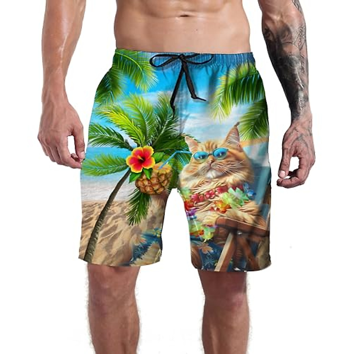 Goodstoworld Funny Cat Swim Trunks for Men Mens Swimming Trunks Board Shorts Summer Long Hawaiian Water Party Beach Bathing Suits