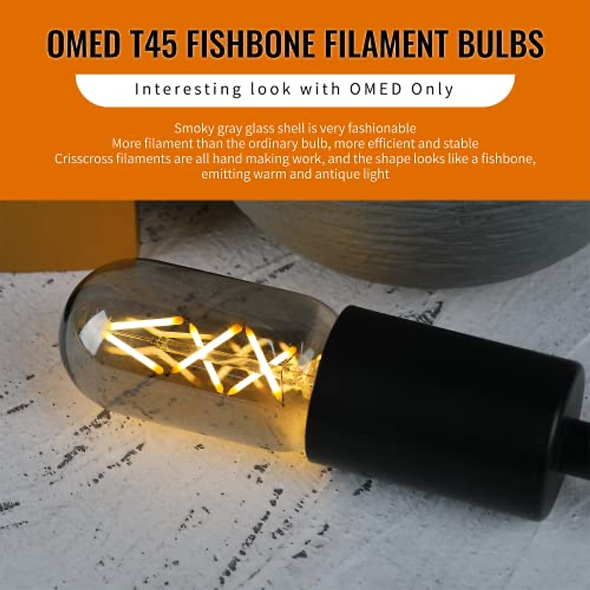 OMED T45/T14 Dimmable Vintage LED Edison Bulbs, E26 4W Antique Fishbone LED Filament Tubular Edison Bulbs 40 Watt Equivalent, 200LM 2700K Soft White Spiral Retro Tube Bulbs, Smoke Grey Glass, 6 Pack