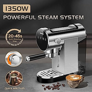 Seeutek Espresso Machine, 20 BAR Espresso Maker with Milk Frother Steam Wand, Compact Espresso Coffee Machine with Digital Touch Panel, 1350W, Cappuccino/Latte Machine for Home and Office
