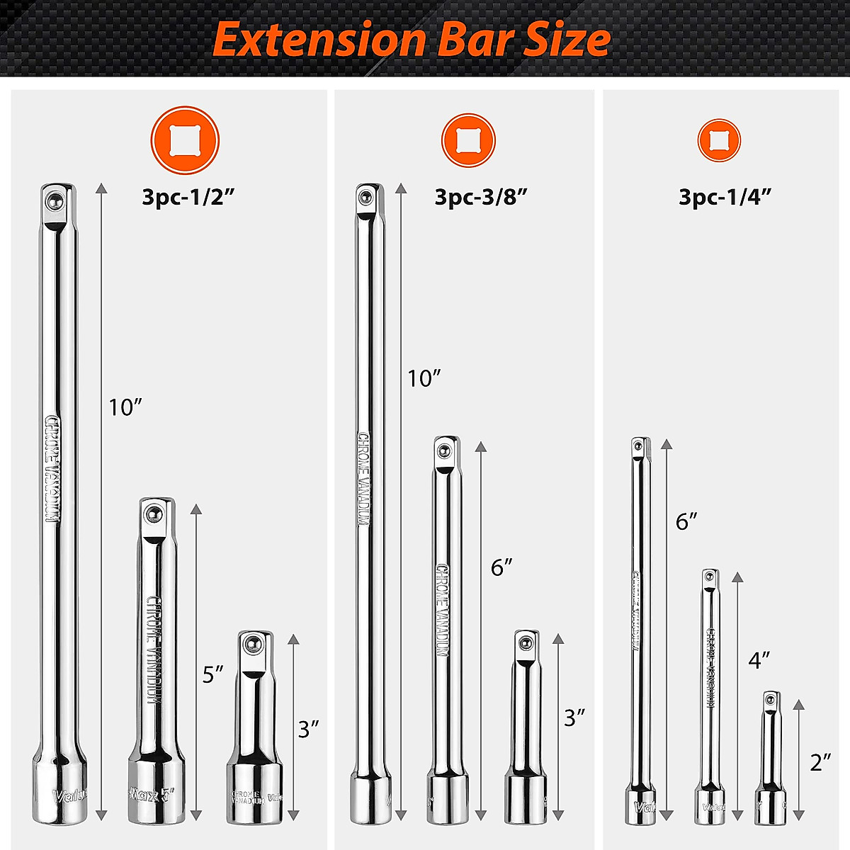VALUEMAX 9 PCS Extension Bar Set, 1/4", 3/8", 1/2" Drive Socket Extension Bar Set for Ratchet Wrench, Premium Chrome Vanadium Steel with Mirror Finish, Chrome Plated, Storage Tray Included