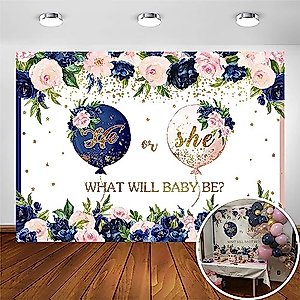Avezano Navy and Blush Gender Reveal Backdrop He or She Navy Blue Blush Pink Floral Baby Gender Reveal Photography Background Pregnancy Reveal Surprise Boy or Girl Party Decoration Backdrops (7x5ft)