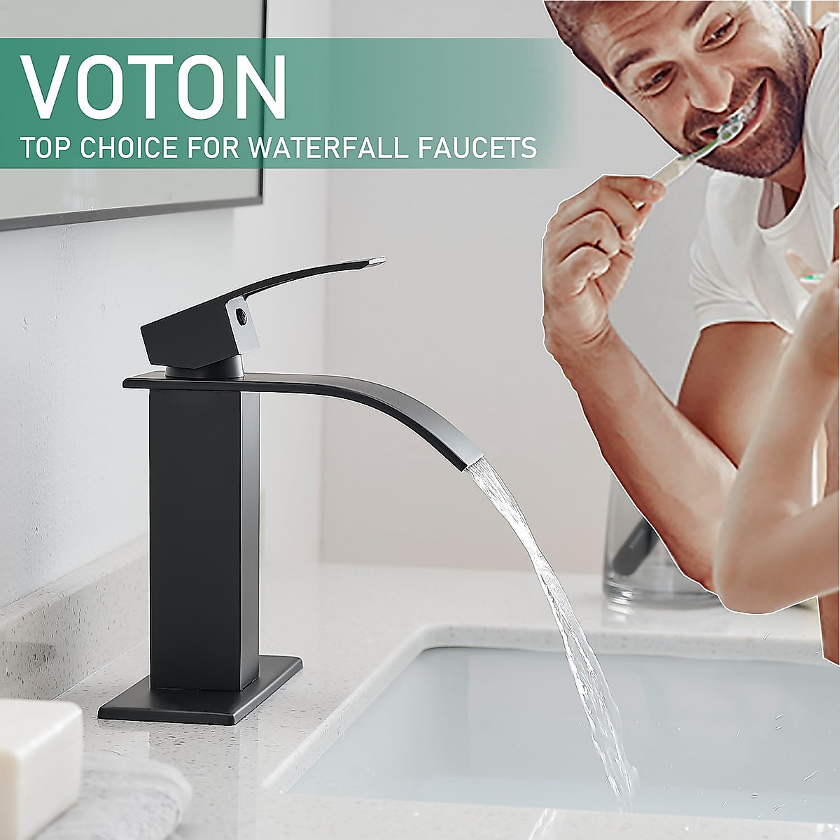 VOTON Black Bathroom Faucets Modern Waterfall Bathroom Sink Faucet Matte Black Single Handle Bathroom Faucet for 1 or 3 Holes with Deck Plate and Pop-Up Drain, Rv Sink Camper Farmhouse Bathroom Faucet