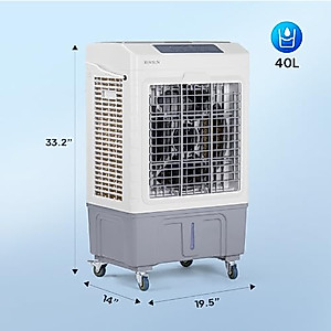 ROVSUN 10.5Gallon Evaporative Air Cooler, 2600CFM Portable Swamp Cooler with Remote Control, Oscillation, 3 Speeds, 7.5H Timer & 40L Water Tank, 3-IN-1 Cooling Fan for Home Office Garage Outdoor