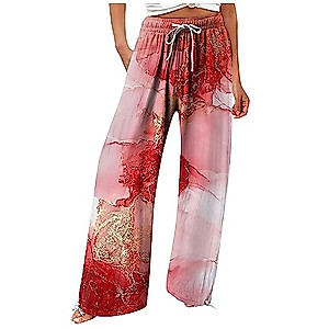 High Waisted Pants for Women, 9-Pant Casual Loose Waist Cotton Linen Wide Leg Long Pants with Pockets Lounge Pants Women Trouser Fold Over Yoga Pants 34 Inseam Pants Slacks (XXL, Red)