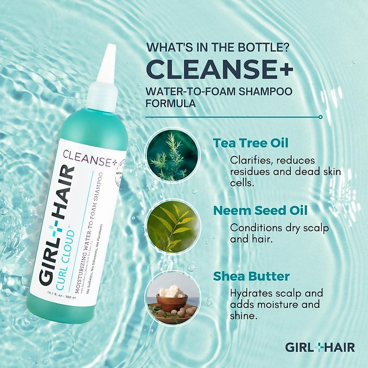 GIRL+HAIR Cleanse+ Moisturizing Shampoo | Restorative for Dry, Damaged Hair | Treat Dry, Itchy Scalp | With Shea Butter, Tea Tree Oil (10.1 fl oz)