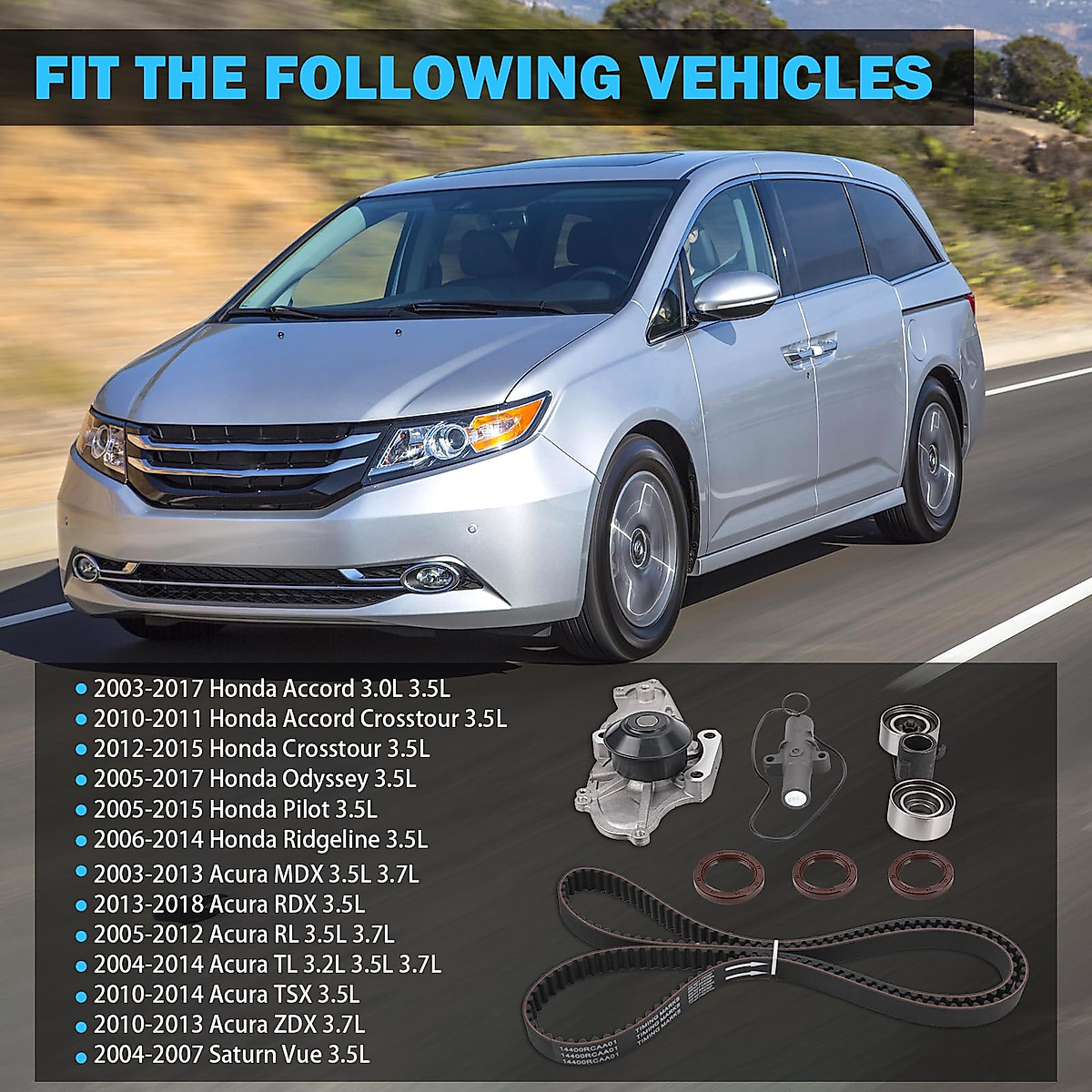 Timing Belt Kit with Water Pump for 3.0L 3.5L 3.7L 2003-2017 Honda Accord, Pilot, Odyssey, Ridgeline, Acura MDX, RDX, RL TL, TSX, ZDX - Replace # TCKWP329 TKH-002 - Timing Belt Water Pump Kit