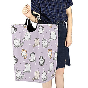 Qilmy Purple Cat Laundry Basket Collapsible Large Clothes Hamper Nursery Storage Bin with Handle for Bedroom, Bathroom, Dorm, Kids Room