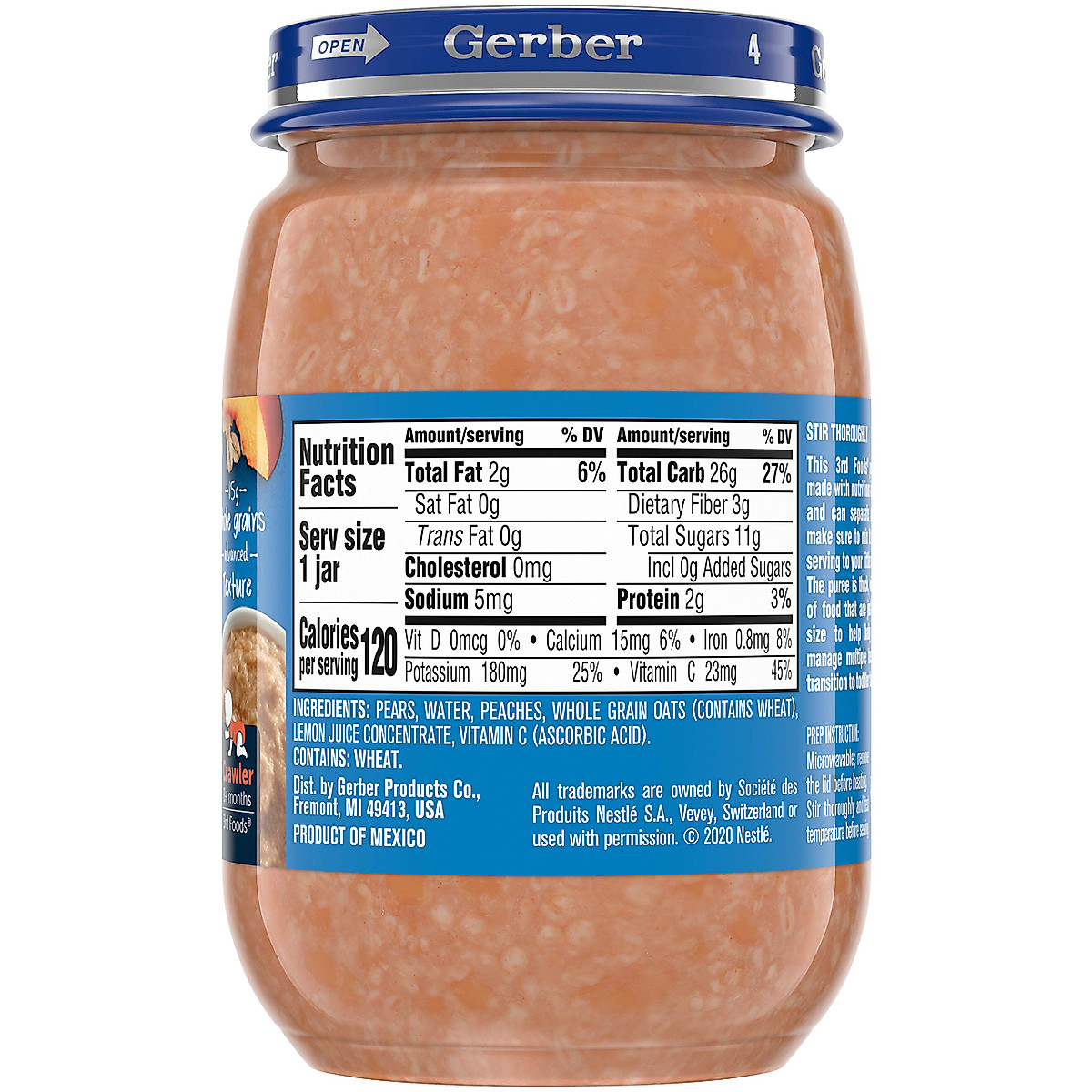 Gerber 3rd Foods Natural for Baby Grain & Grow Baby Food Jar, Pear Peach Oatmeal, Made with Natural Fruit & Vitamin C with Advanced Texture, 6 OZ Glass Jar (Pack of 12)